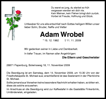 Traueranzeigen von Adam Wrobel | noz Trauerportal