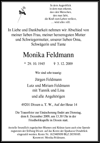 Traueranzeigen von Monika Feldmann | noz Trauerportal