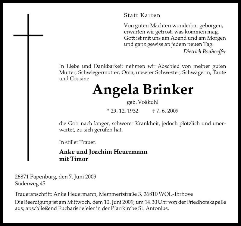 Traueranzeigen von Angela Brinker | noz Trauerportal