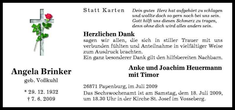 Traueranzeigen von Angela Brinker | noz Trauerportal