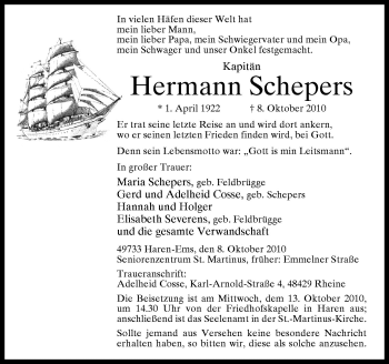 Traueranzeigen von Hermann Schepers | noz Trauerportal