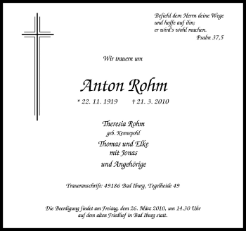 Traueranzeigen von Anton Rohm | noz Trauerportal