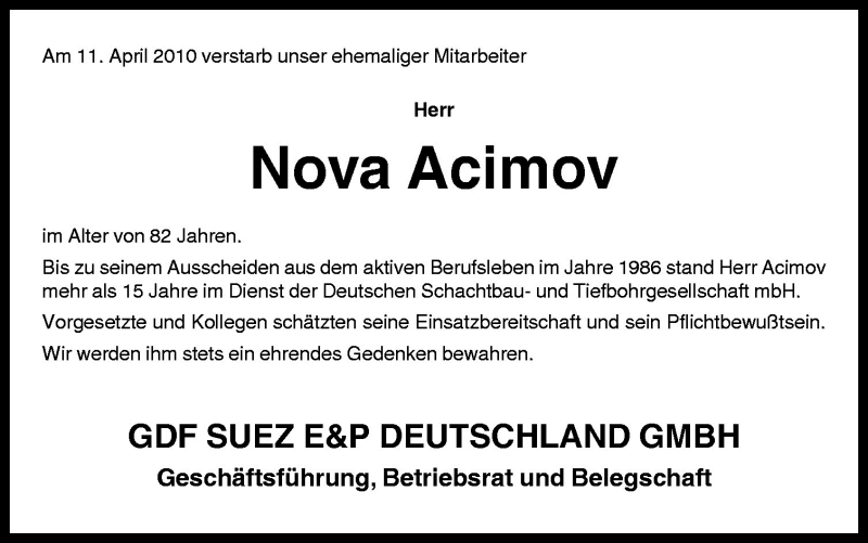 Traueranzeigen von Nova Acimov | noz Trauerportal