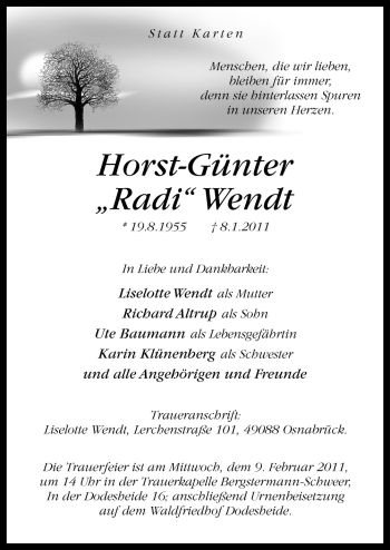 Traueranzeigen von Horst-Günter Wendt | noz Trauerportal