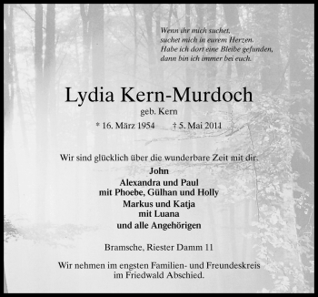Traueranzeigen von Lydia Kern-Murdoch | noz Trauerportal
