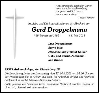 Traueranzeigen von Gerd Droppelmann | noz Trauerportal