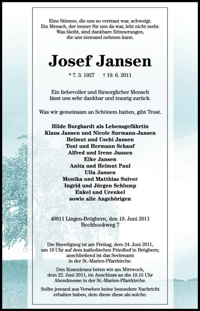 Traueranzeigen von Josef Jansen | noz Trauerportal