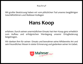 Traueranzeigen von Hans Koop | noz Trauerportal