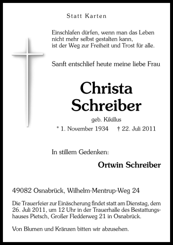 Traueranzeigen von Christa Schreiber | noz Trauerportal
