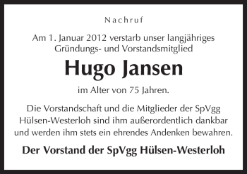 Traueranzeigen von Hugo Jansen | noz Trauerportal