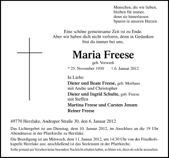 Traueranzeigen von Maria Freese | noz Trauerportal
