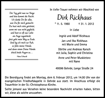 Traueranzeigen von Dirk Rickhaus | noz Trauerportal