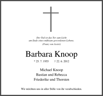 Traueranzeigen von Barbara Knoop | noz Trauerportal