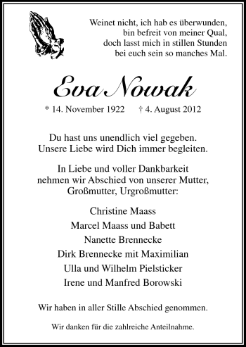 Traueranzeigen von Eva Nowak | noz Trauerportal