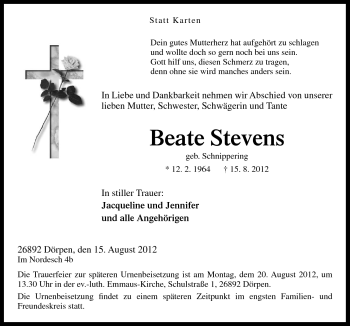 Traueranzeigen von Beate Stevens | noz Trauerportal