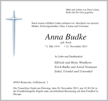 Traueranzeigen von Anna Budke | noz Trauerportal