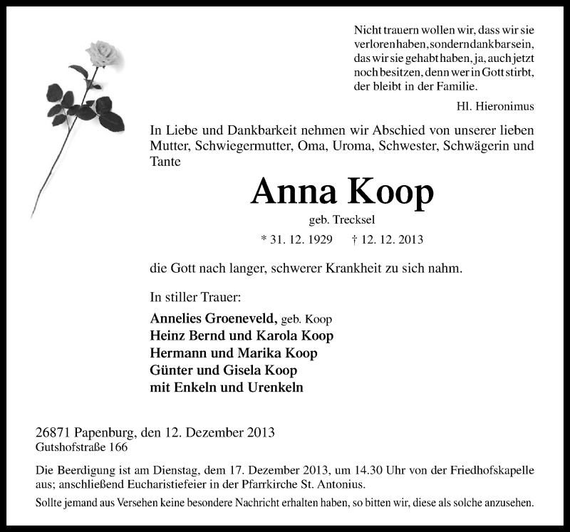 Traueranzeigen von Anna Koop | noz Trauerportal