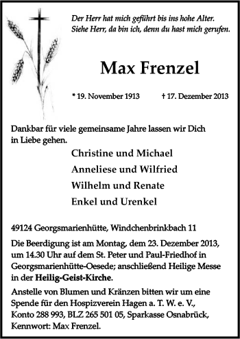Traueranzeigen von Max Frenzel | noz Trauerportal