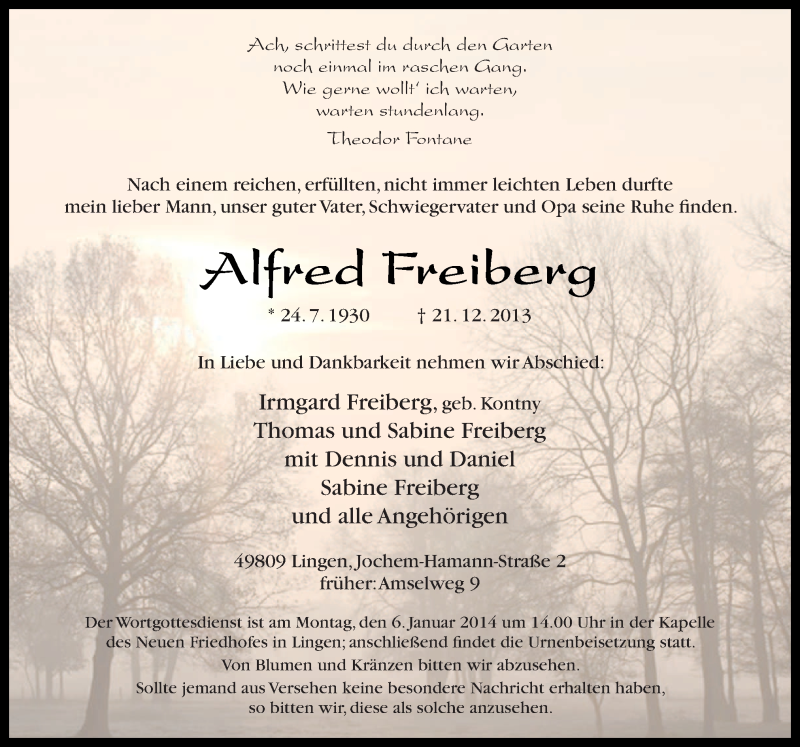 Traueranzeigen von Alfred Freiberg | noz Trauerportal