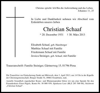 Traueranzeigen von Christian Schaaf | noz Trauerportal