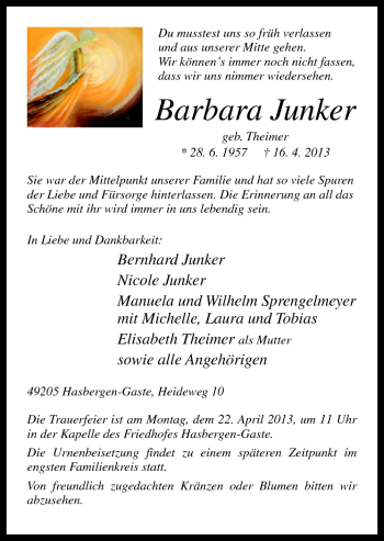 Traueranzeigen von Barbara Junker | noz Trauerportal