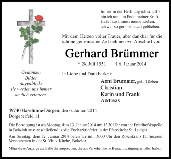 Traueranzeigen von Gerhard Brümmer | noz Trauerportal