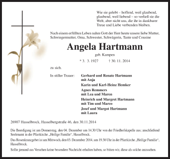 Traueranzeigen von Angela Hartmann | noz Trauerportal