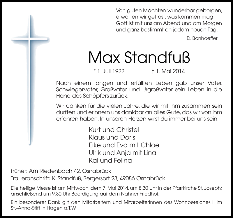 Traueranzeigen von Max Standfuß | noz Trauerportal