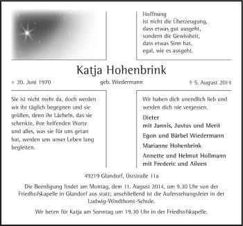 Traueranzeigen von Katja Hohenbrink | noz Trauerportal