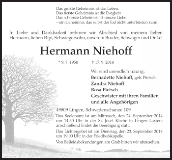 Traueranzeigen von Hermann Niehoff | noz Trauerportal