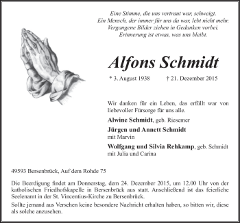 Traueranzeigen von Alfons Schmidt | noz Trauerportal