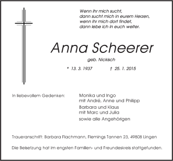 Traueranzeigen von Anna Scheerer | noz Trauerportal