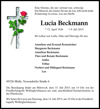 Traueranzeigen von Lucia Beckmann | noz Trauerportal