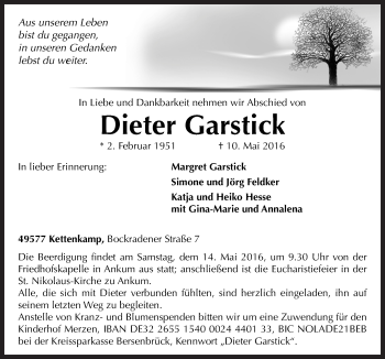 Traueranzeigen von Dieter Garstick | noz Trauerportal