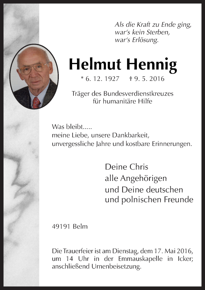 Traueranzeigen von Helmut Hennig | noz Trauerportal
