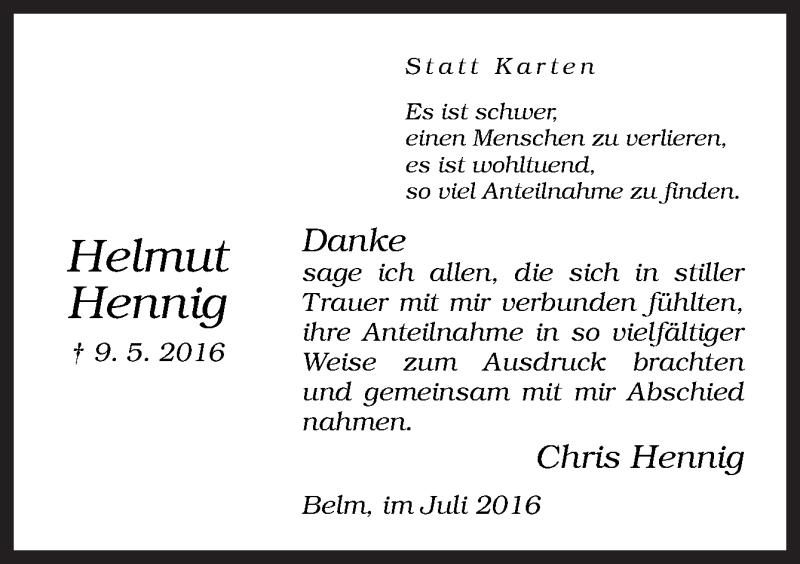 Traueranzeigen von Helmut Hennig | noz Trauerportal