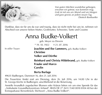 Traueranzeigen von Anna Budke-Volkert | noz Trauerportal