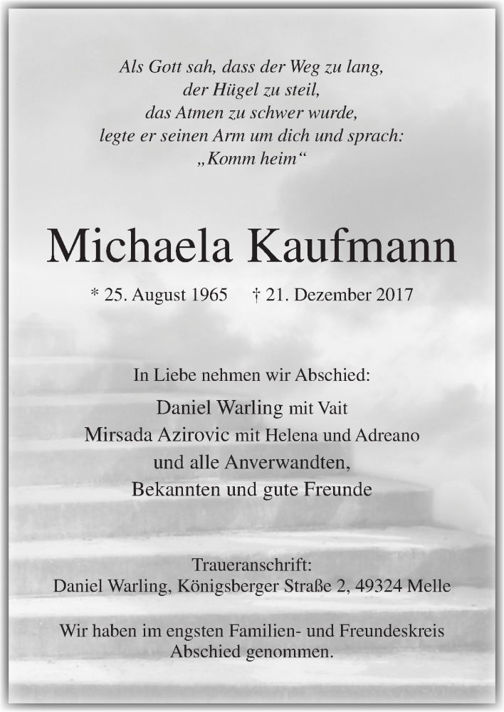 Traueranzeigen von Michaela Kaufmann | noz Trauerportal