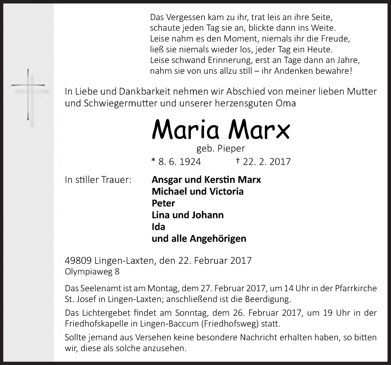 Traueranzeigen von Maria Marx | noz Trauerportal