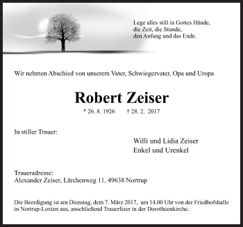 Traueranzeigen von Robert Zeiser | noz Trauerportal