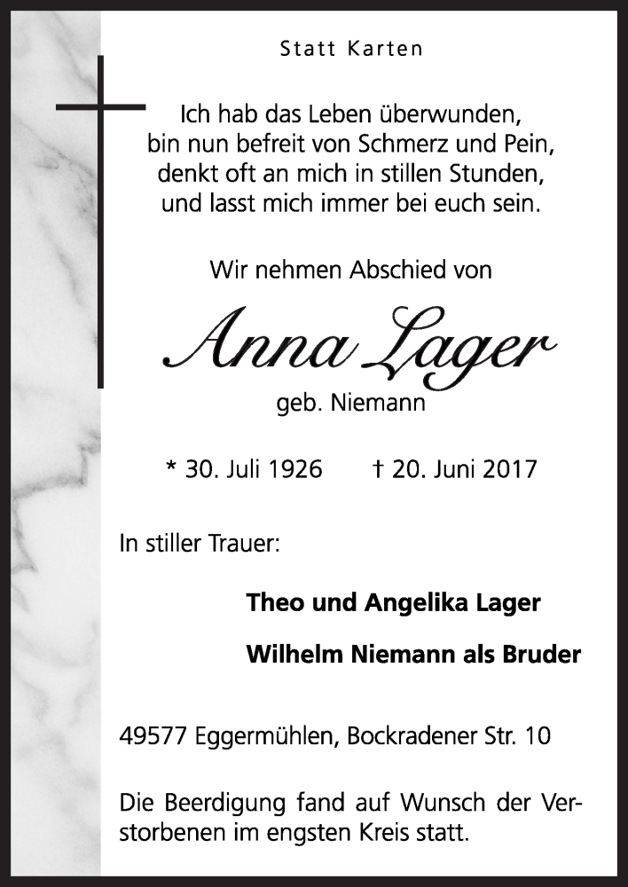 Traueranzeigen von Anna Lager | noz Trauerportal