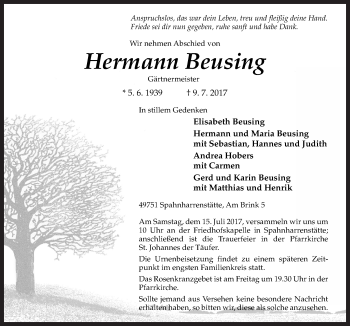 Traueranzeigen von Hermann Beusing | noz Trauerportal