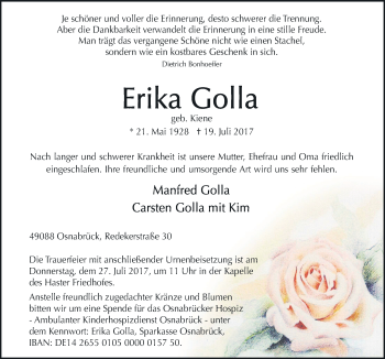 Traueranzeigen von Erika Golla | noz Trauerportal