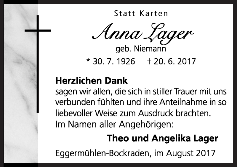 Traueranzeigen von Anna Lager | noz Trauerportal