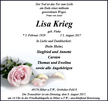 Traueranzeigen von Lisa Krieg | noz Trauerportal