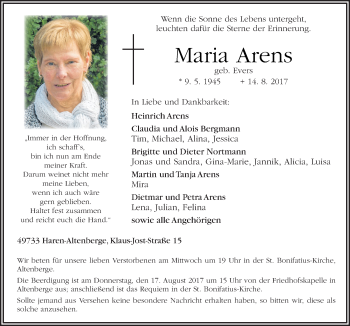 Traueranzeigen von Maria Arens | noz Trauerportal