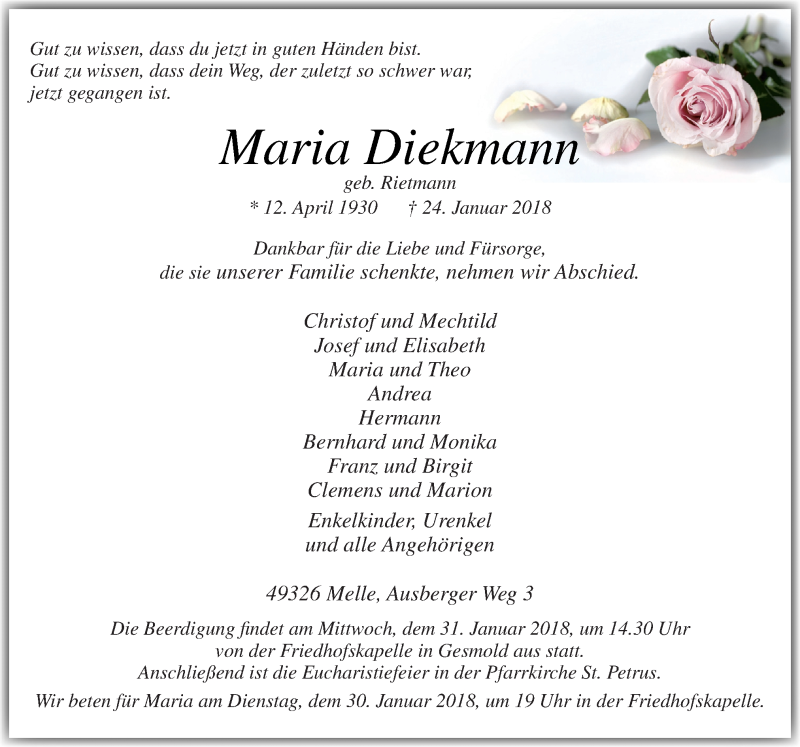 Traueranzeigen von Maria Diekmann | noz Trauerportal