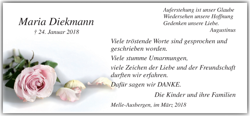 Traueranzeigen von Maria Diekmann | noz Trauerportal