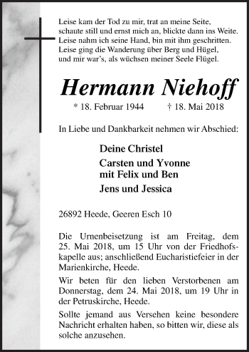Traueranzeigen von Hermann Niehoff | noz Trauerportal