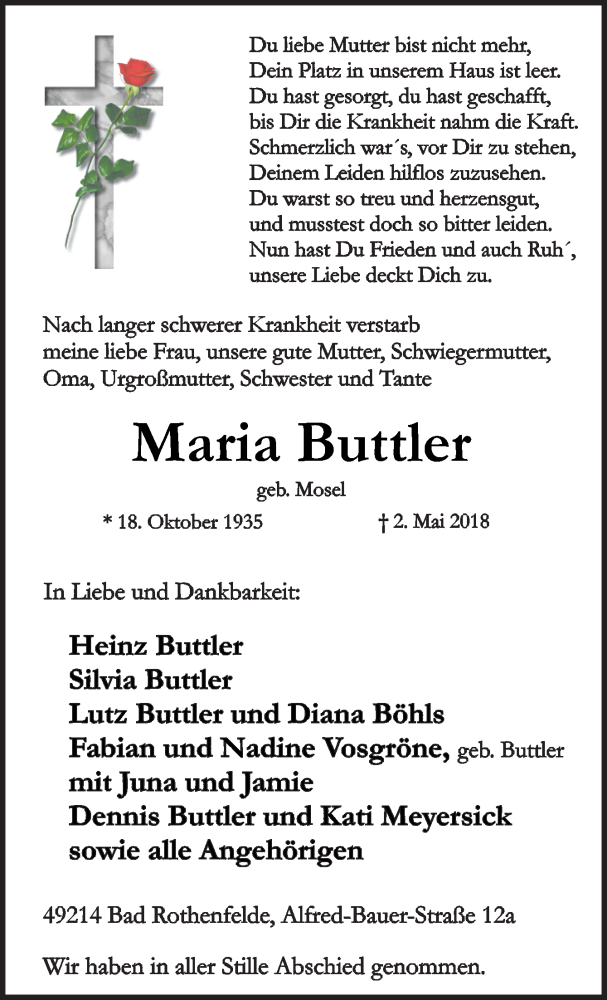 Traueranzeigen von Maria Buttler | noz Trauerportal